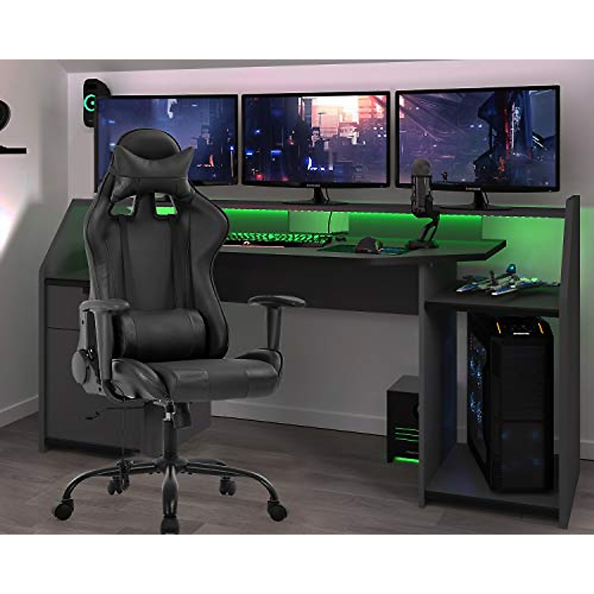 Gaming Chair Racing Office Chair Massage Swivel Chair High Back PU Leather Executive Rolling Task Adjustable Computer Chair with Lumbar Support Headrest Armrest Desk Chair for Adults (Black)