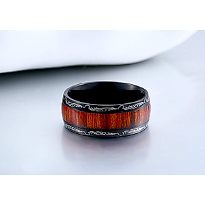 HIJONES Unisex Stainless Steel Rings Koa Real Wood Wedding Engagement Ring Band High Polished Finish Black Size 7