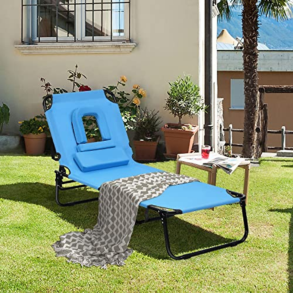 Giantex Chaise Folding Chair Adjustable Beach Patio Lounge Recliner, Blue