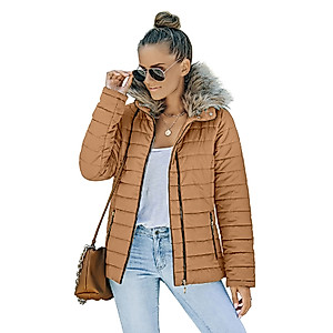 Vetinee Women Casual Faux Fur Lapel Zip Pockets Quilted Parka Jacket Puffer Coat Almond Brown X-Large (Fits US 16-US 18)