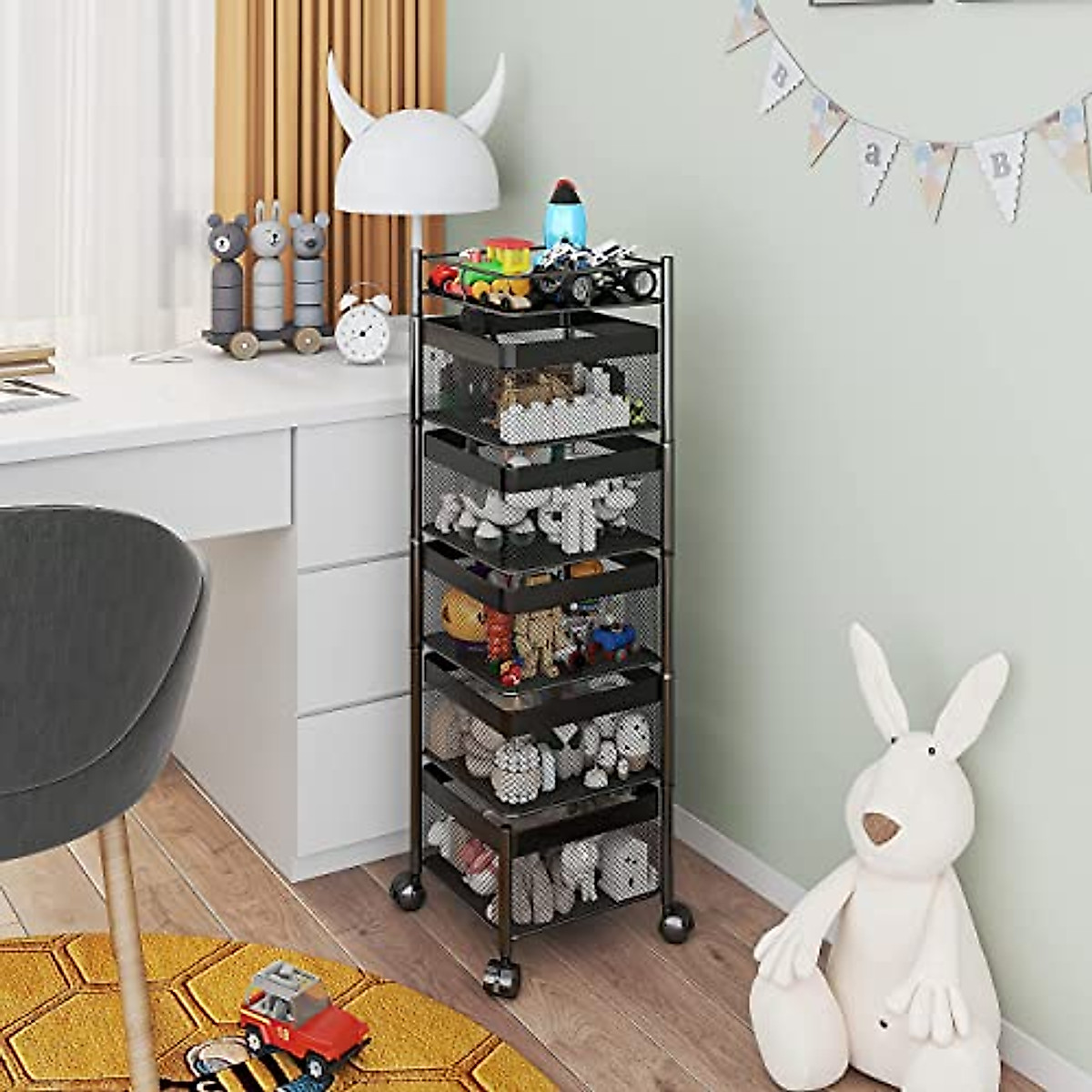 xinyourui Rotating Kitchen Storage Shelves Rack，Bathroom Organizer Metal Shelf，Fruit Basket for Kitchen，Rolling Cart with Wheels，Spice Drawer Organizer(Black, 5 Tier-Square)