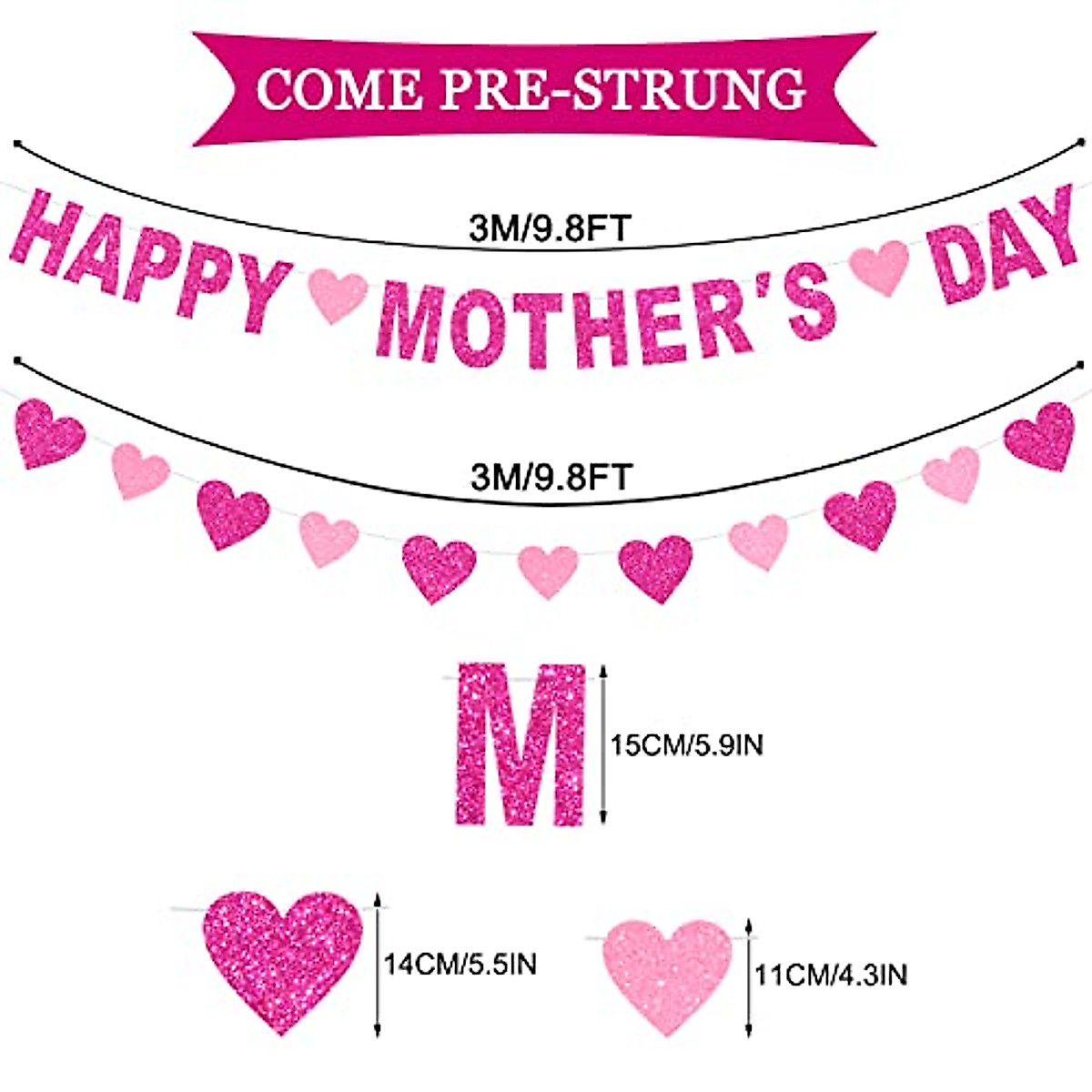 JOZON Happy Mother's Day Banner and Heart Banner Rose Red Pink Glitter Mothers Day Garland Banner with Heart Signs Thanks Mom Best Mom Ever Family Photo Props Backdrops Mother’s Day Party Decorations