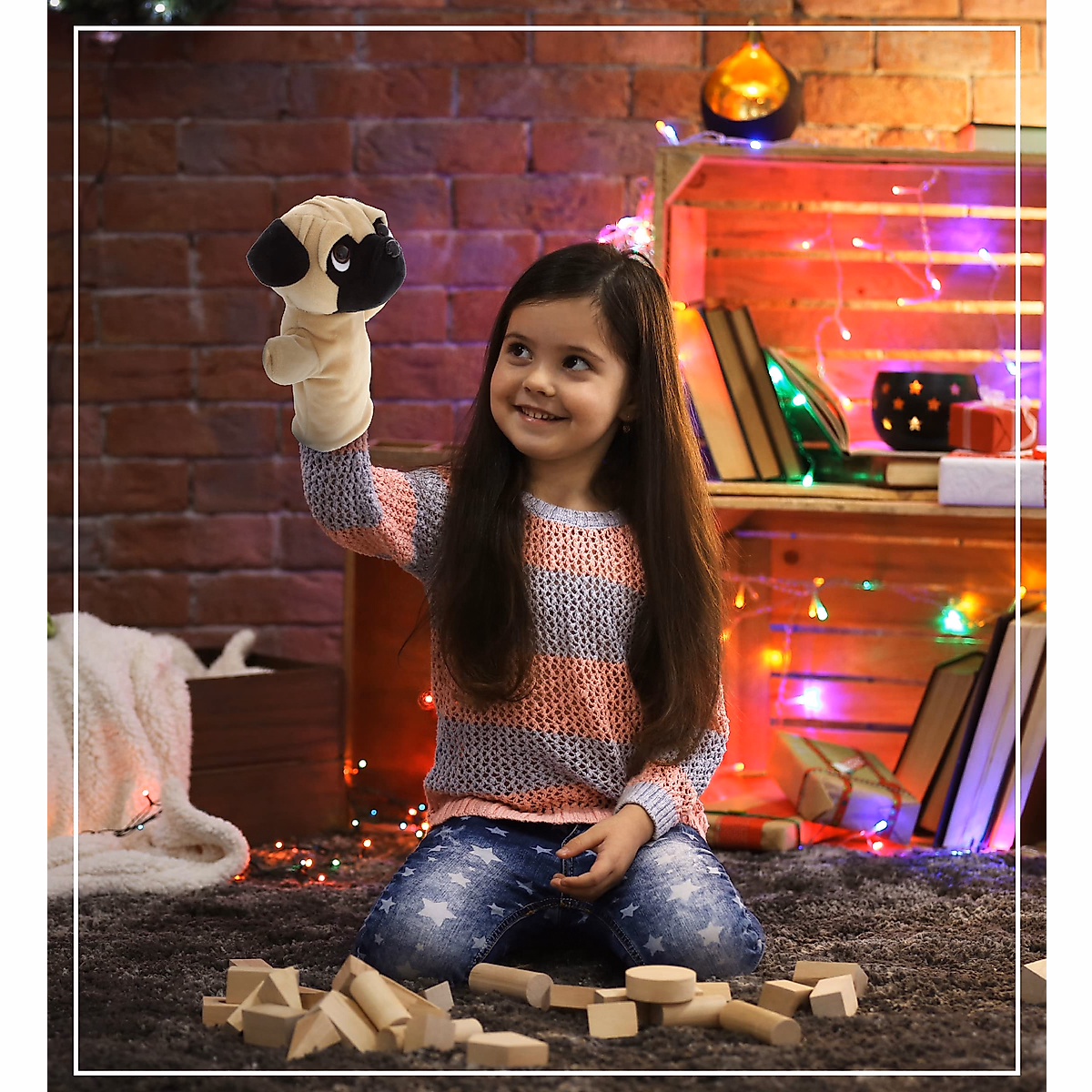 DolliBu Pug Dog Hand Puppet - Super Soft Plush Pug Stuffed Animal Hand Puppets for Kids, Cute Educational Pug Hand Puppets for Adults Teaching and Story Telling Puppet Show Theater Games - 8.5 Inches