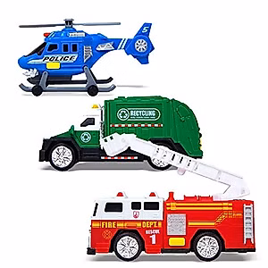 Boley City Vehicles - 3 Pack Toy Trucks and Helicopter - Fire Truck, Recycle Dump Truck, and Police Helicopter Car Set - Toy Cars for 3 Year Old Boys/Girls and Up
