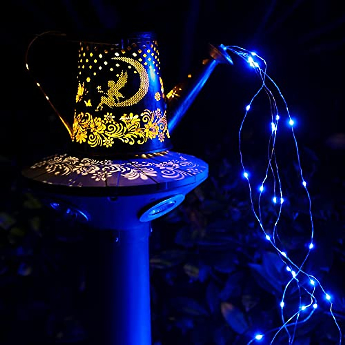 Watering Can with Lights, Solar Garden Lights with Fairy Butterfly Decor Star Shower Art Hanging Waterfall Lights Outdoor Decor for Table Patio Yard Pathway Walkway (Blue)