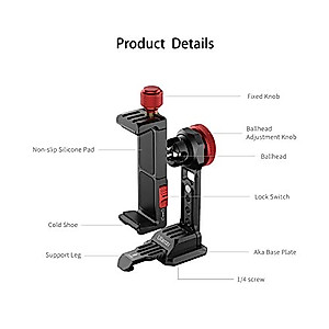 Cell Phone Tripod Mount, ULANZI ST-14 Smartphone Tripod Mount Adapter Aluminum with Cold Shoe, 360° Cell Phone Stand Holder Clamp for iPhone 13 12 11 Max Pro iPhone X XR Xs 6 7 Plus