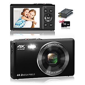 NIKICAM Digital Camera,4K 44MP Kids Digital Camera with 32GB SD Card Compact Point and Shoot Camera with 16X Digital Zoom 2.4 Inch Portable Small Camera for Kids Teens Adults-Black