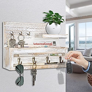 Wood Mail Organizer Wall Mounted - Key Holder for Wall, Mail and Key Holder with Shelf, Mail Holder with Key Hooks for Letter, Bills and Dog Leash, Rustic Mail Sorter for Entryway, Office, White