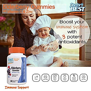 Doctor's Best Elderberry Gummies with Vitamin C & Zinc, 60 Ct, Chewable Immune Support, Antioxidant Herbal Supplement, Non-GMO, Vegan (Packaging May Vary)