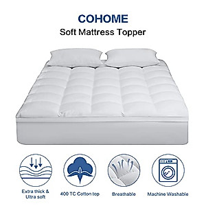 COHOME Queen Size Mattress Topper Extra Thick Cooling Mattress Pad 400TC Cotton Top Plush Down Alternative Fill Pillow Top Mattress Cover with 8-21 Inch Deep Pocket (60x80 Inches, White-Classic)