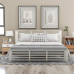 LCH King Platform Bed Frame with Headboard and Footboard, Solid Wood Bed Frame for Adults/Wood Slat Support/No Box Spring, Modern Bed Frame with Horizontal Strip Hollow Shape, King Size, White