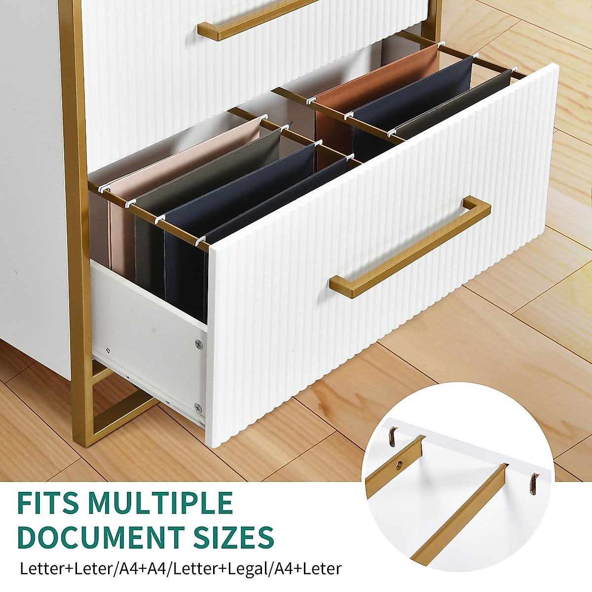 File Cabinet Lateral Filing Cabinets for Home Office with 3 Drawers Gold Frame White Modern Contemporary Wood
