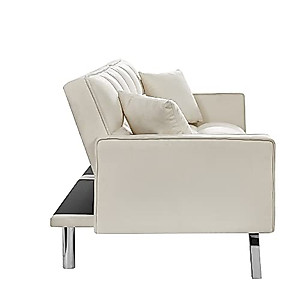 Ucloveria Mid-Century Modern Sofa Futon Couch/Loveseat/Sectional Sofa/Velvet Sofa Bed with Armrests and 2 Pillows for Living Room Bedroom, 74.4" W, White