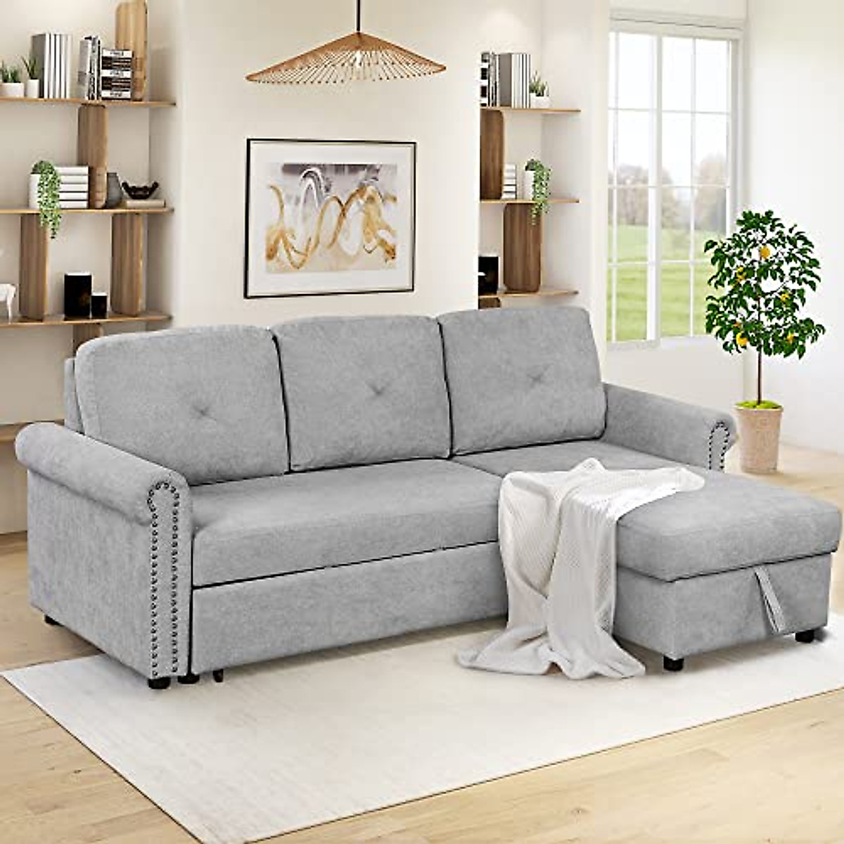 FANYE Convertible Sectional Sofa with Pull Out Sleeper Couch Bed and Reversible Storage Chaise, L-Shaped 3 Seater Corner Sofa&Couch W/Tufted Back for Home Office Apartment Living Room, Light Gray 83"