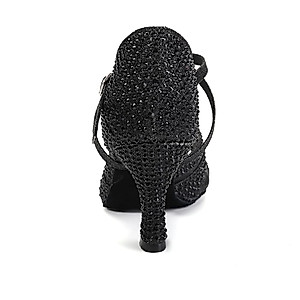 ROGMUJEN Women Girls Ballroom Dance Shoes - Latin Salsa Shoes with Rhinestones for Practice Performance Tango Party Dress,Black,9US,M1025