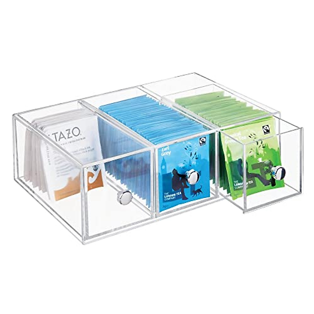 mDesign Plastic Kitchen Pantry Stackable Storage Organizer Container Station with 3 Drawers for Cabinet, Countertop, Holds Coffee, Tea, Sugar Packets, Creamers - Lumiere Collection - 4 Pack - Clear