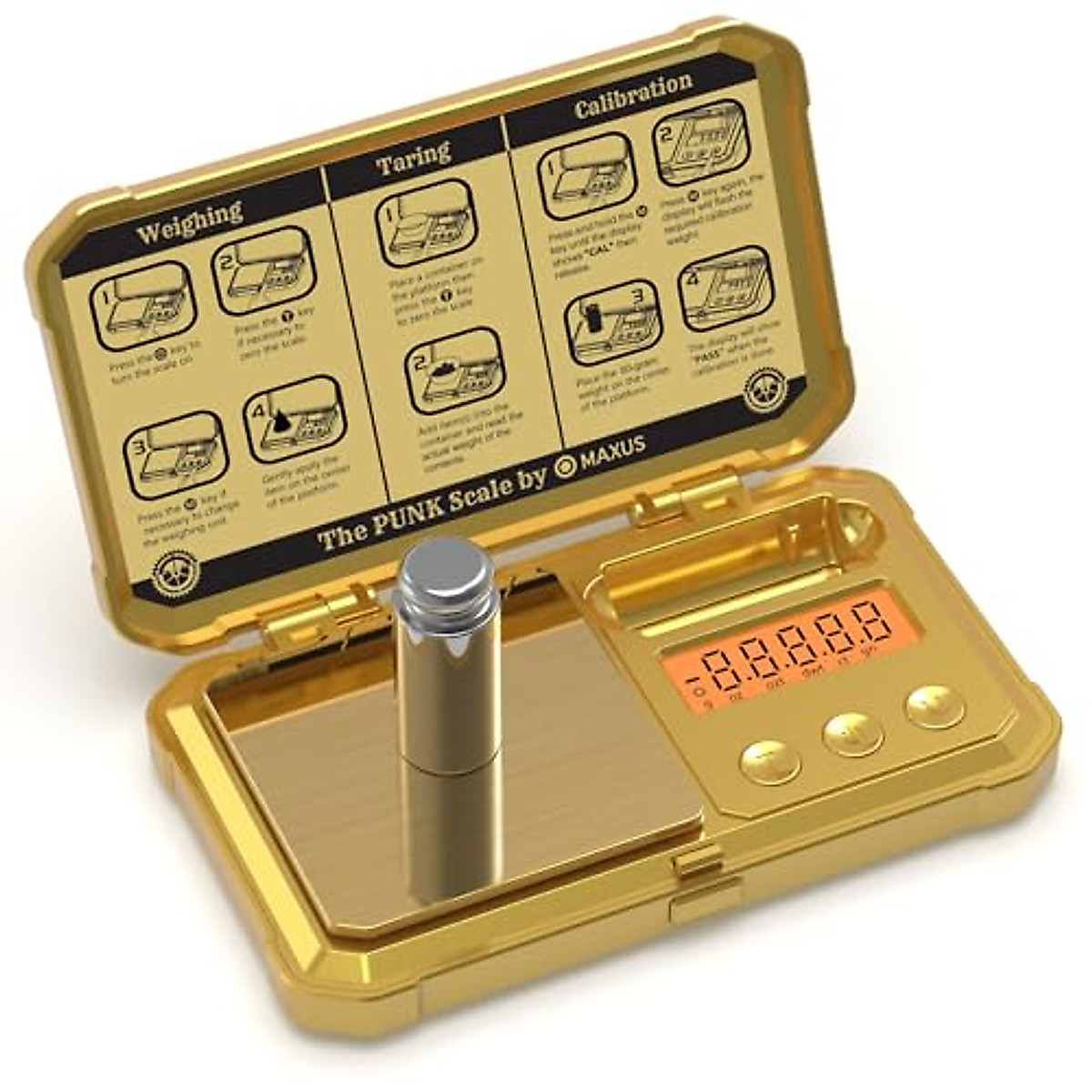 MAXUS Steampunk Digital Scale 200g x 0.01g Precision with 50g Calibration Weight. Golden, Skull-Embossed, Backlit LCD, Stainless Steel Platform for Food or Items.