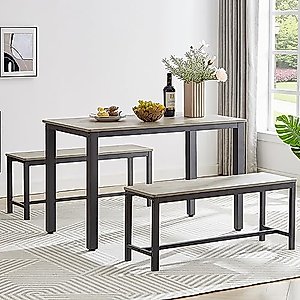 LinkRomat Dining Room Table Set with 2 Benches, Farmhouse Dining Table Set for 4-6, Wood Breakfast Table Set Dinner Table Set Kitchen Table and Chairs for Breakfast Nook Small Spaces, Grey