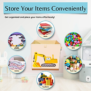 Product 4 Kids - Washable Toy Box Storage Cube, Canvas Toy Chest Organizer Foldable Kids Toy Storage Organizers for Child's Bedroom or Playroom -13x13x13 Inch (Excavator+ Helicopter)