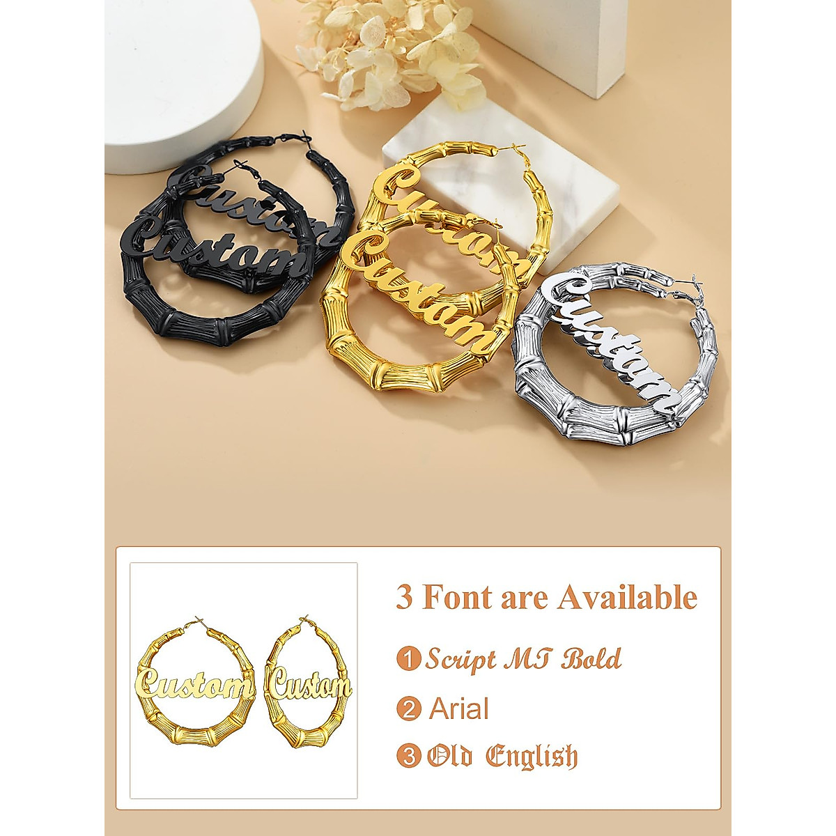 Custom4U Personalized Gold Hoop Earrings with Name Custom Bamboo Elegant Earrings Memory Jewelry Gifts for Women