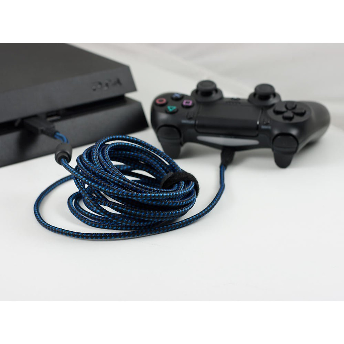 Lioncast Controller Cable for Xbox One and PS4 with Textile Cover Protection and Cable Strap Organizer | ps4 Charger Cable | Controller Charging Cable | Micro USB 2.0; 1 x 4 Meters – Blue and Black