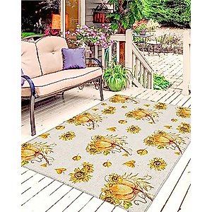 Outdoor Patio Rugs Fall Pumpkin with Sunflowers Outdoor Area Rug Fallen Leaves Non-Slip Backyard/Camping RV Rug/Deck/Porch Rug Front Door Floor Mat Carpet,4x6ft,