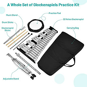 Giantex 32 Note Professional Glockenspiel Bell Kit, Percussion Xylophone with Adjustable Stand, Music Stand, 8'' Practice Pad, a Pair of Bell Mallets, Wooden Drumsticks, Carrying Bag