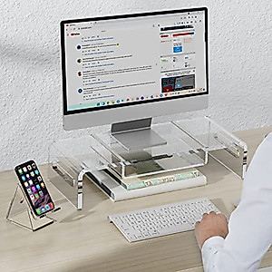 Zimilar 2 Pack Monitor Stand Riser, Wood Monitor Riser for 2 Monitors+Zimilar 20 inch Large Monitor Stand Riser with Phone Stand, Crystal Acrylic Monitor Stand with Keyboard Storage
