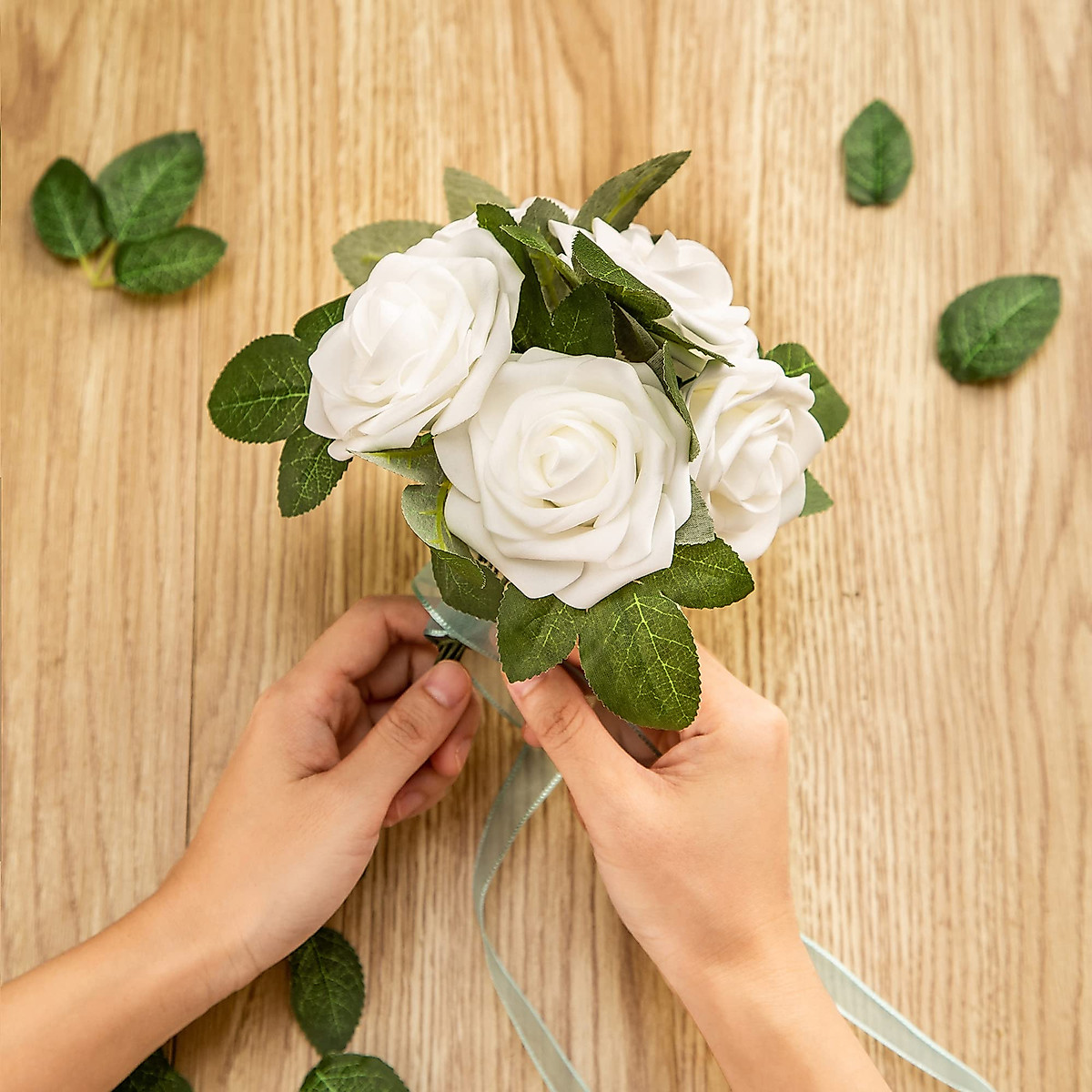 Lansdowns Artificial Flower Foam Rose 25pcs Real Looking Fake Rose with Stems Leaves for Home Decoration Party Garden Centerpieces DIY Wedding Bouquets（White）