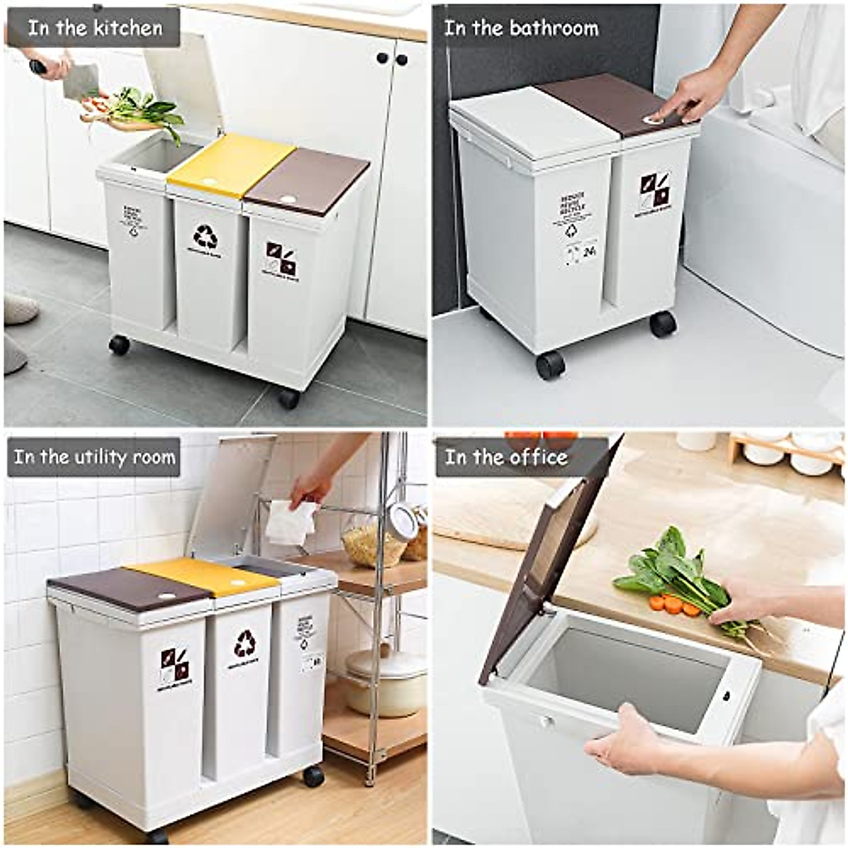 Kitchen Trash Can 16 gallon Recycle Bin,Triple Compartment Garbage Can,60L large capacity Trash Bins with Wheels,Plastic Waste Bin Sorting Garbage Container for Office Living Room,Grey,16 Gallon/60L