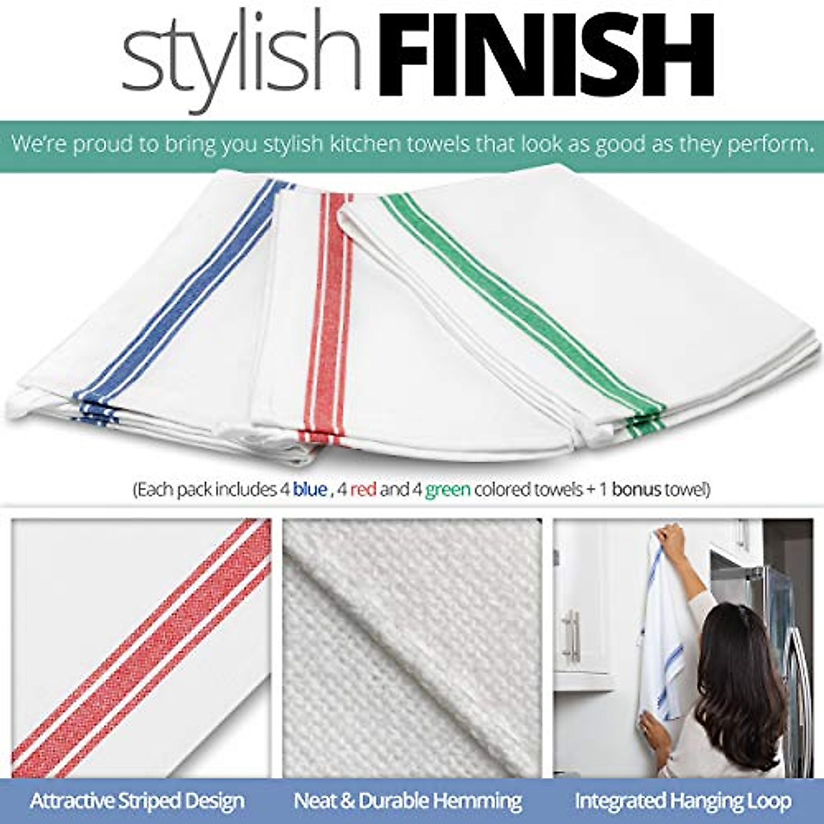 Aunti Em's Kitchen Dish Towels Set (13 Pack) for Kitchen Decor Super Absorbent 100% Natural Cotton Zero-Lint - 25.5 x 15.5 Inch (13-Pack Red, Green & Blue Stripes)