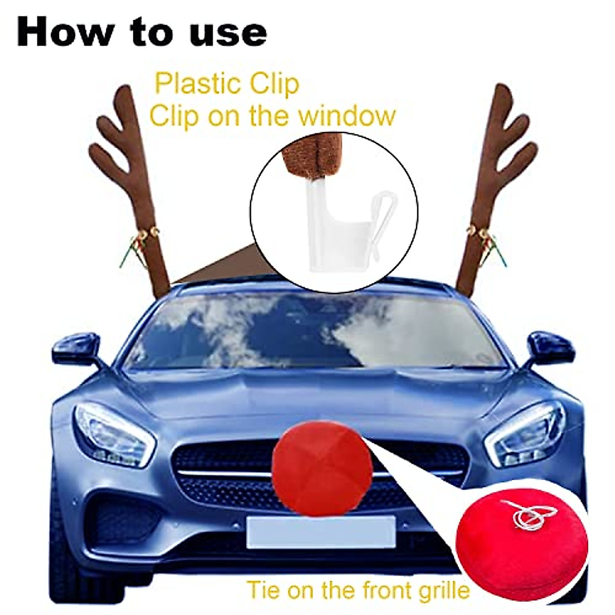 Car Reindeer Antlers & Nose Decorations Set- Car Jingle Bell Antlers and Nose,Christmas Decorations for Cars/Home,Best of Auto Accessories,Best for Car SUV Van Truck,Easy to Install