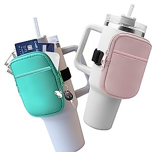 Vidotim Water Bottle Pouch for Stanley Accessories, Running Water Bottle Handheld Caddy Compatible with kinds of Tumbler, Gym Water Bottle (2, Pink+Green, Regualr)
