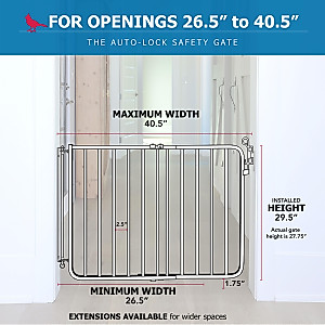 Cardinal Gates MG15 Auto-Lock Baby Gate - Adjustable Indoor Dog Gate - Aluminum Safety Gate for Kids & Pets - 26.5 to 40.5 Inches Wide - White