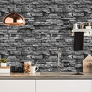 Jeweluck Grey Brick Wallpaper Peel and Stick Wallpaper 17.7inch×118.1inch Faux Stone Self Adhesive Wallpaper Kitchen Backsplash Peel and Stick Brick Contact Paper Removable Wall Paper Decor Vinyl