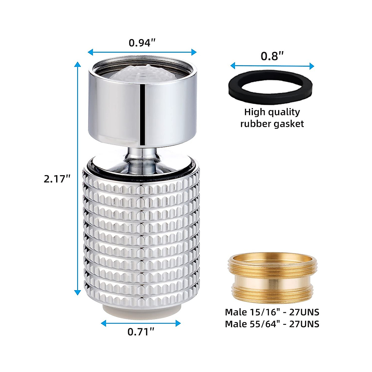 Hibbent Faucet Aerator, 360 Degree Swivel Kitchen Sink Faucet Aerator, Dual-function Bathroom 2-Flow Sprayer Faucet Head, Faucet Replacement Part, 55/64 Inch-27UNS Female Thread-Chrome