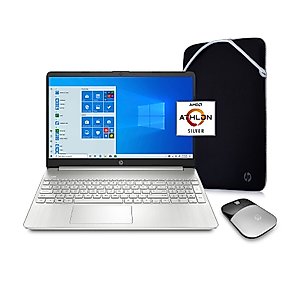 HP 15z-Laptop, 15.6" HD Screen, AMD Athlon 3050U-Processor, 8GB-RAM, 128GB SSD, Webcam, 1-Year Microsoft 365, Windows 10 Home, Bundle,Silver