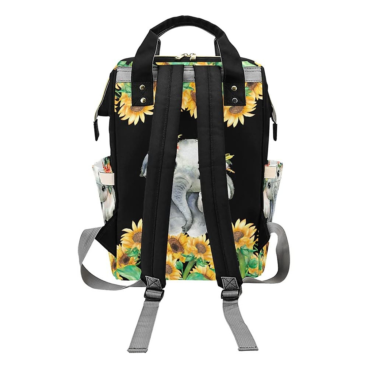 Sunflowers Black Elephant Personalized Diaper Backpack with Name,Custom Travel DayPack for Nappy Mommy Nursing Baby Bag One Size