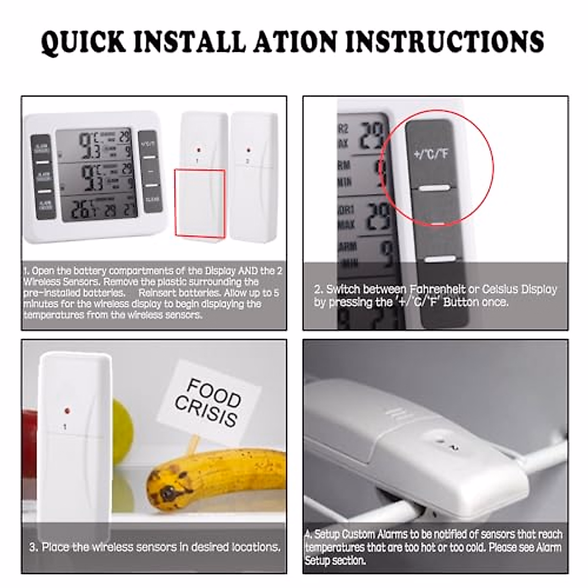 Locisne Freezer Alarm with Audible Alarm and 2 Wireless Sensors, Indoor Outdoor Refrigerator Thermometer for Home Kitchen