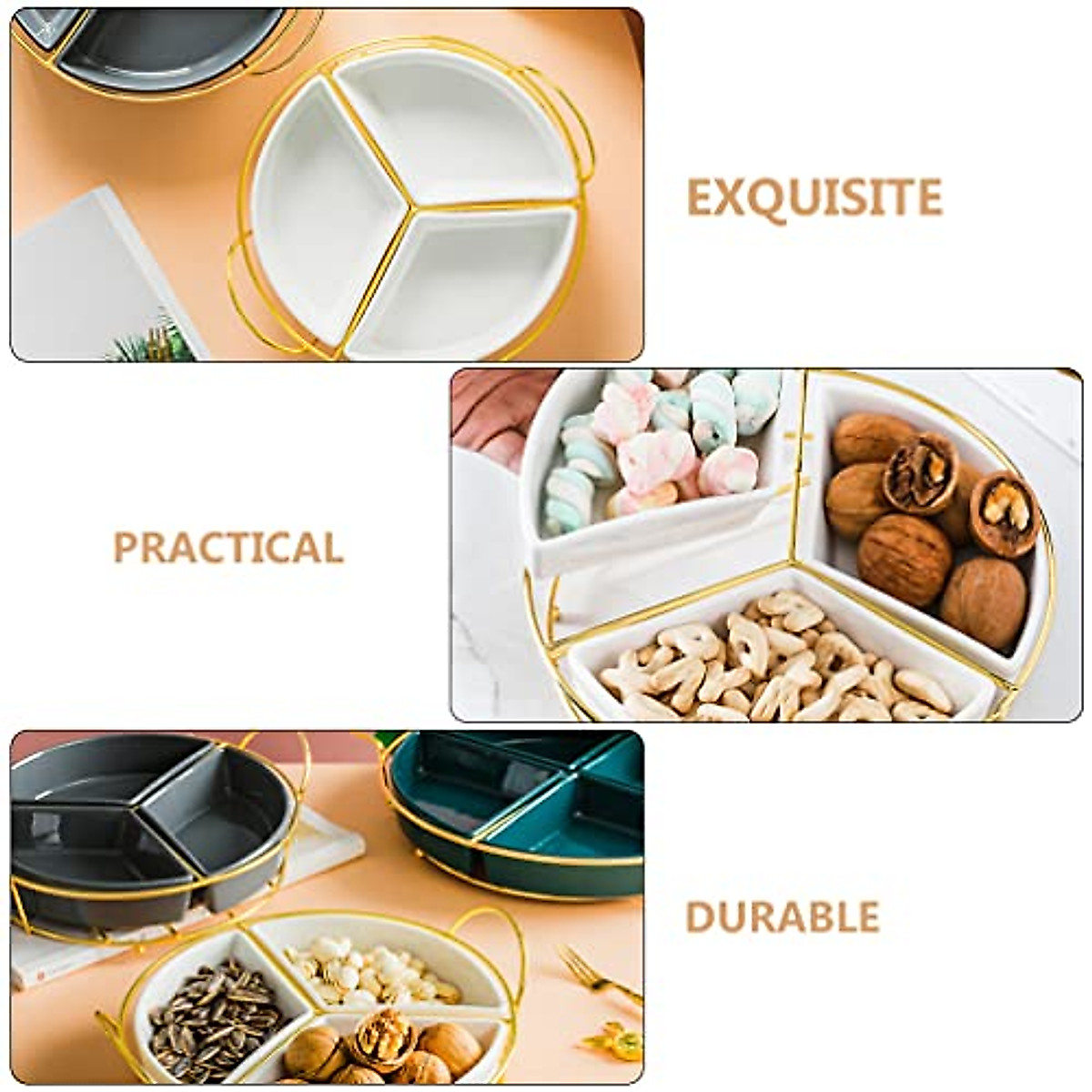 Angoily Ceramic Divided Serving Tray with Handles, 3 Sectional Appetizer Serving Tray, Round Veggie Tray for Serving for Party for Fruit, Candy, Snacks, Parties (White)