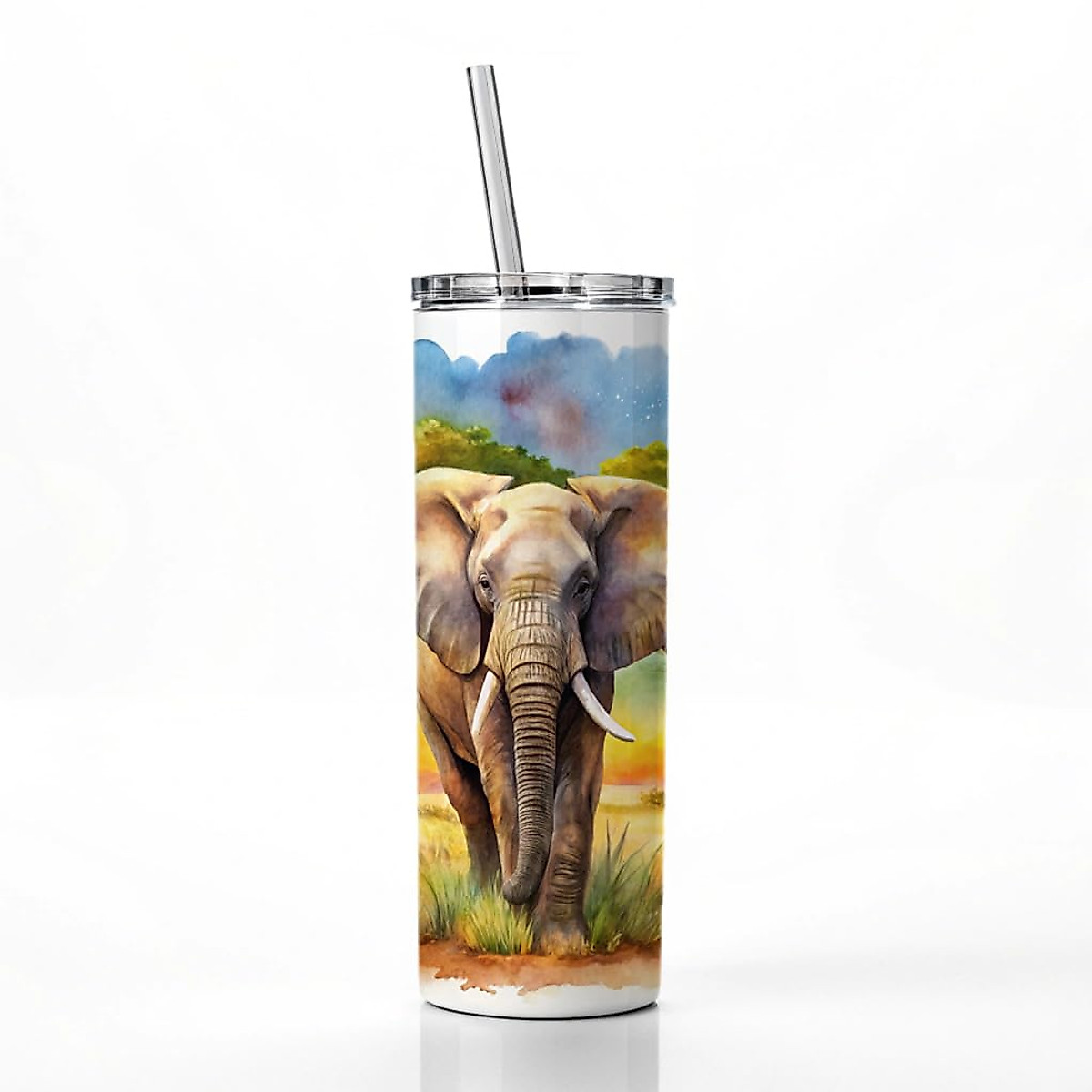 Elephant African Plain Watercolor Design Skinny Tumbler 20oz with Straw Insulated Water Bottle Gift