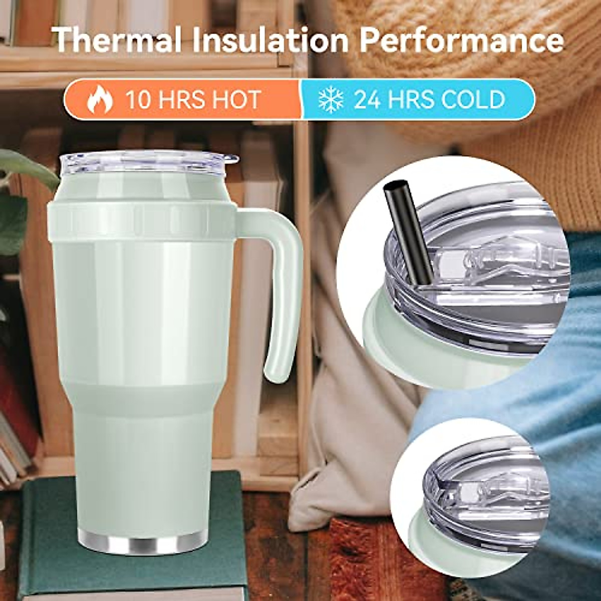 Rietore 40 oz Tumbler with Handle and Straw, Stainless Steel Tumblers Insulated Tumblers with Lids Double Wall Vacuum Coffee Travel Mug, Sweat Proof, Leak Proof, Light Emerald