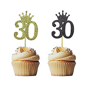 Morndew 24 PCS Gold Black Glitter Crown 30 Cupcake Toppers for 30th Birthday Party Thirty Wedding Anniversary Celebration Party Retirement Party Decorations