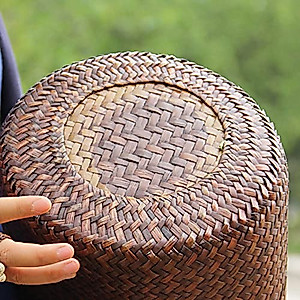 QTKJ Straw Bag, Beach Bag for Women, Handmade Rattan Handbag, Boho Retro Woven Tote Bag Round Wooden Handle, Summer Bag for Beach Vacation Daily