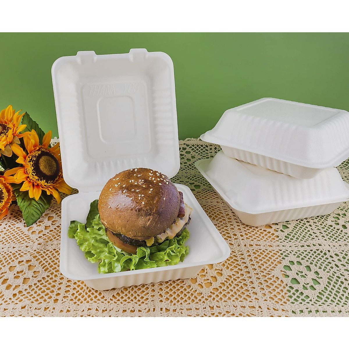 Azure Zone, 8 Inch, 1-Compartment Compostable Disposable Clamshell, 200 Pack, Eco Friendly, Biodegradable Made of Sugar Cane Fibers