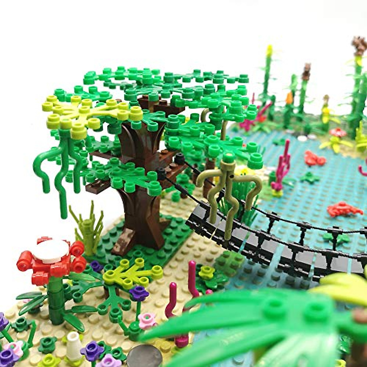 ZHX Rainforest Jungle Bridge Building Block Toys with 2pcs Baseplates(10x10 inches Each) Garden Bricks Accessories Bush Flowers Animals Coconut Trees for Classic Brick Block Toys