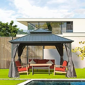 Domi 12’ X 12’ Hardtop Gazebo Canopy with Netting & Curtains, Outdoor Aluminum Gazebo with Galvanized Steel Double Roof for Patio Lawn and Garden, Gray