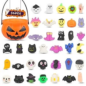36PCS Halloween Mochi Squishy Toys with Pumpkin Bucket, WOXAFO Halloween Party Favors, Assorted Halloween Squeeze Gift Bulk Pumpkin Ghost Spider Squishies Toy for Kids