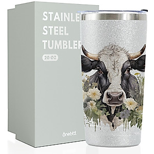 Onebttl Cow Gifts for Women Girls, Watercolor Cow 20oz Vacuum Insulated Stainless Steel Travel Tumbler with Lid, Glitter Silver