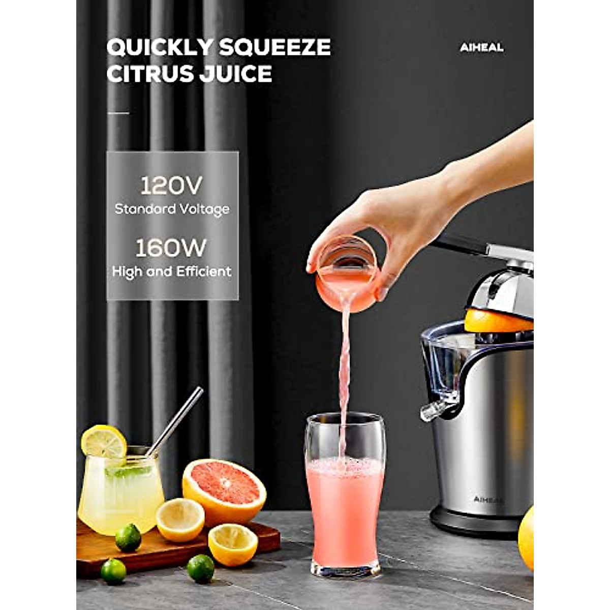 AIHEAL Electric Citrus Juicer Squeezer, Oranges Juicer with Rubber Handle and Two Size Cones, 160W Silent Motor Juice Squeezer for Orange, Lemon and Grapefruit